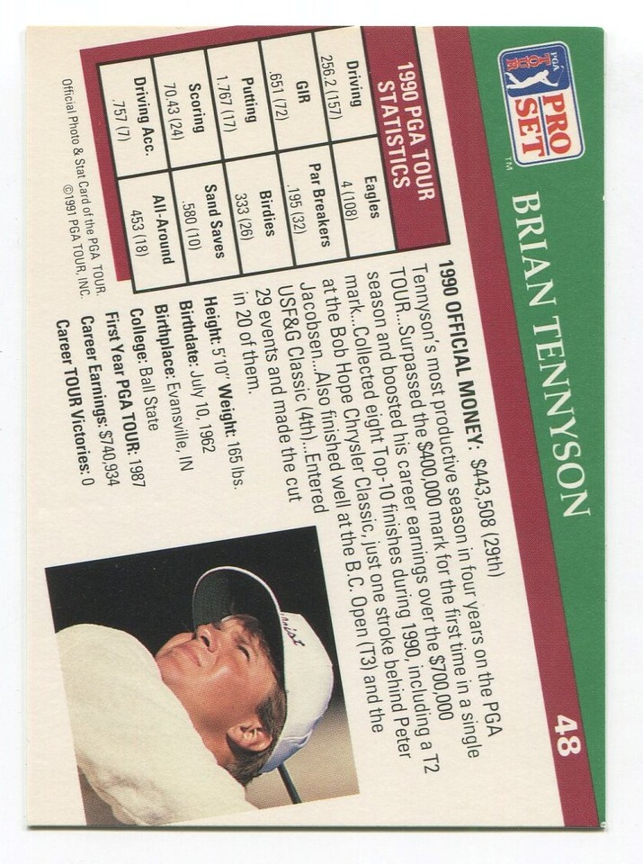 1991 Pro Set PGA Tour Golf Brian Tennyson Signed Card Autographed ...