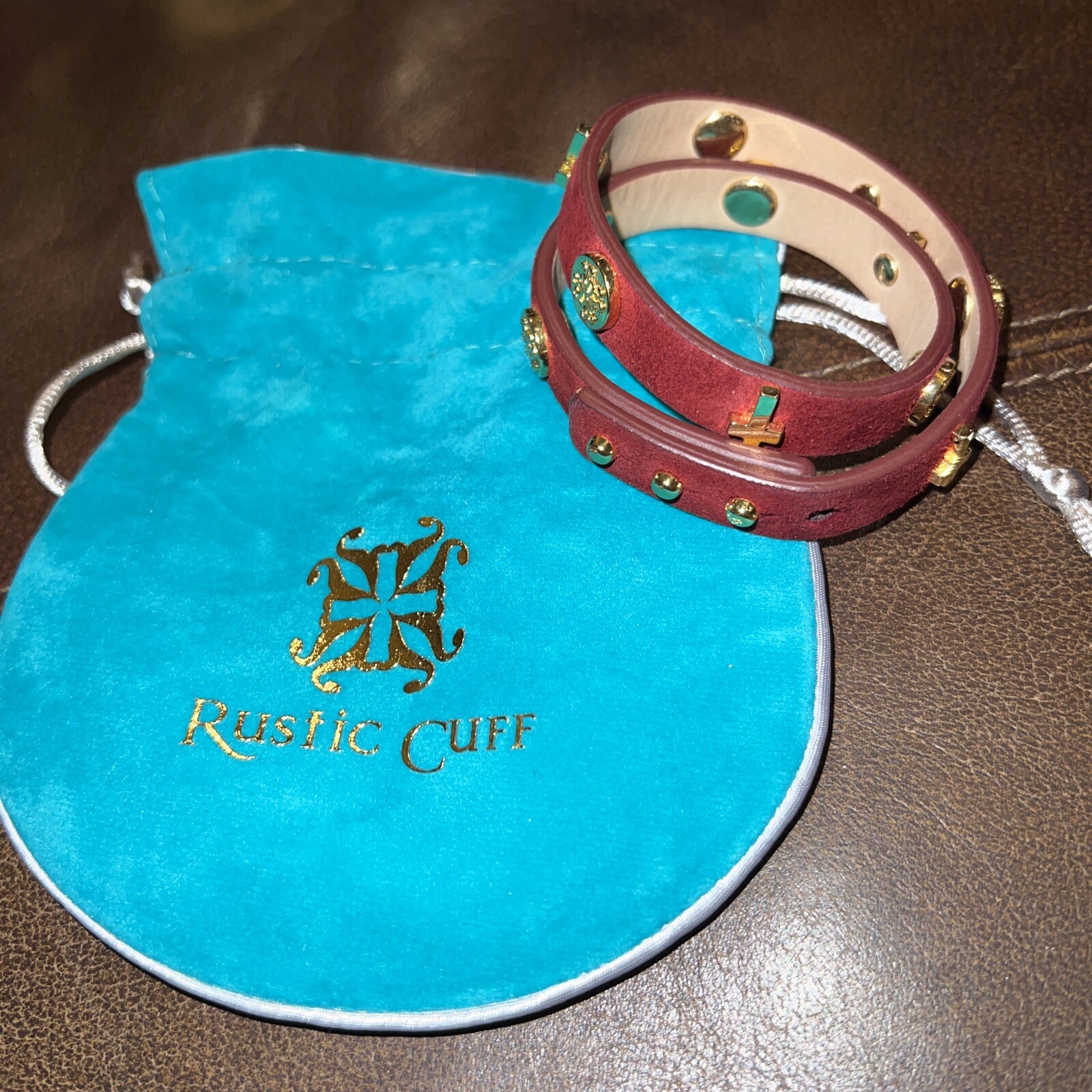 Rustic Cuff Burgundy Meagan Double Wrap with Gold Cro… - Gem