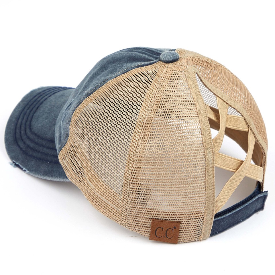 C.C Women's Washed Denim Criss Cross Elastic Band Mesh Ponytail Mesh ...