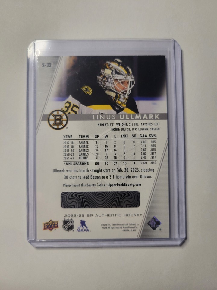 2022-23 UD SP Authentic Spectrum FX LINUS ULLMARK S-32 Boston Bruins ...