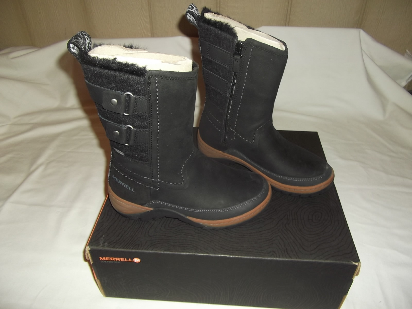 MERRELL SYLVA MID BUCKLE WTPF WOMENS SIZE 5 BLACK DRESS BOOTS NIB ...
