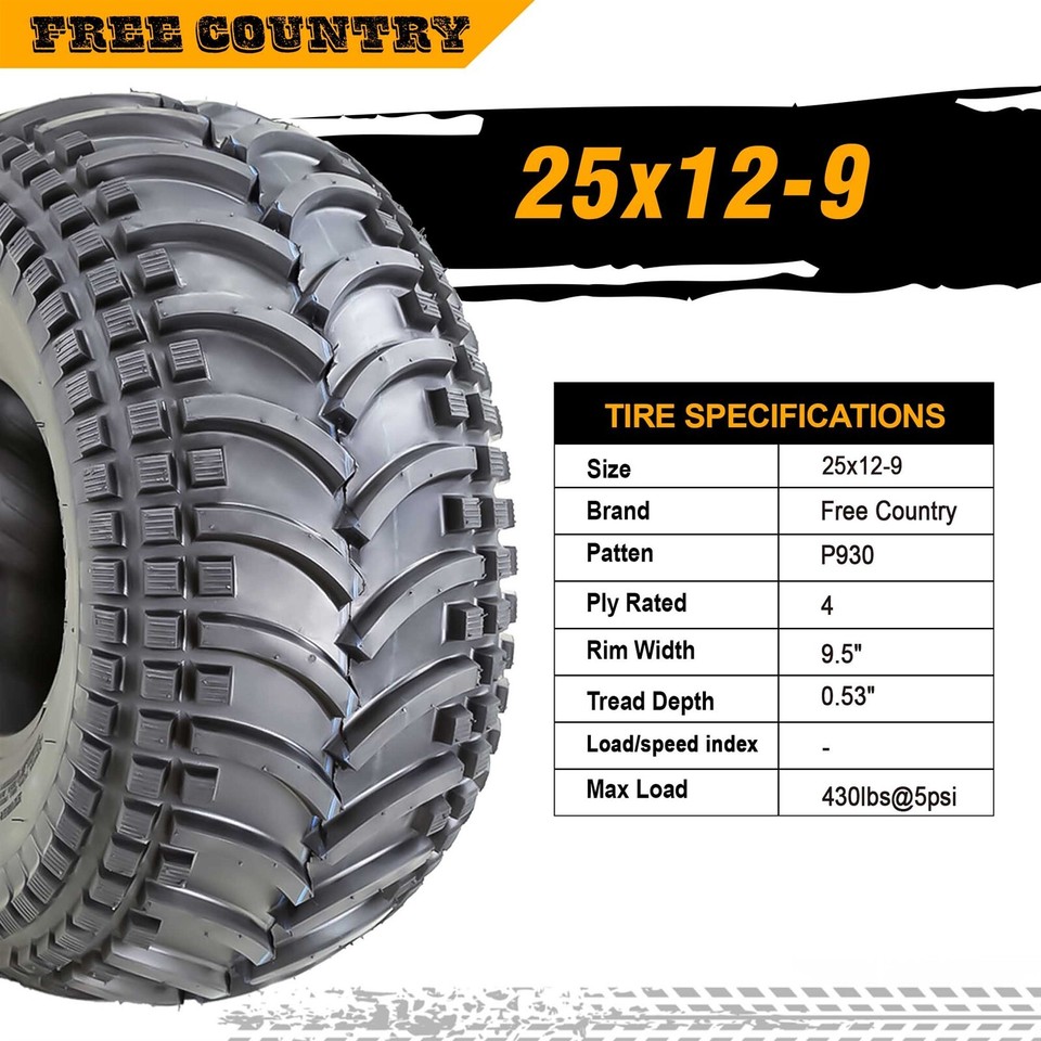 Set 2 FREE COUNTRY 25x12-9 25x12x9 ATV Tires 4 Ply 25x12.00-9 25x12 ...