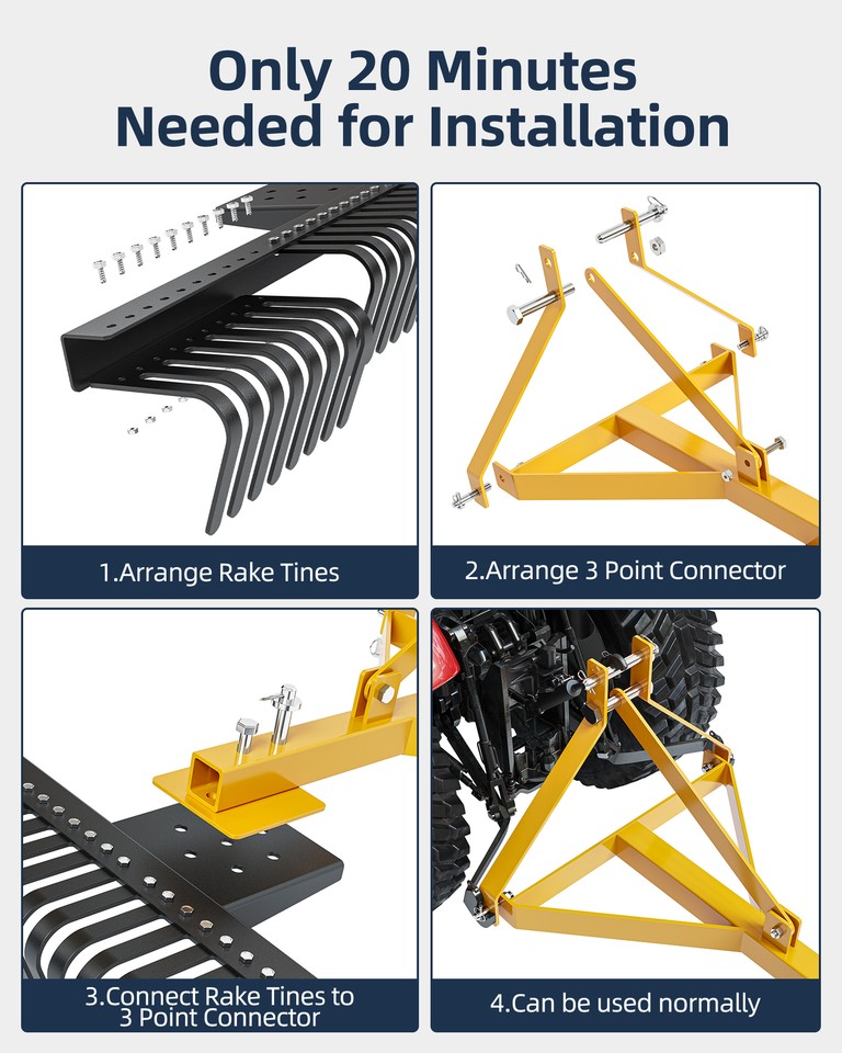 60" Tractor Rake Landscape Rock Rake 3-Point Lawn Lawn Dethatcher ...