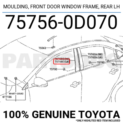 757560D070 Genuine Toyota MOULDING, FRONT DOOR WINDOW FRAME, REAR LH ...