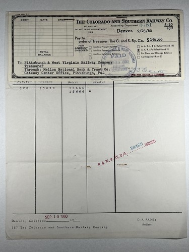 1960 CS Colorado and Southern Bank Check / Receipt - Vtg Railroad ...