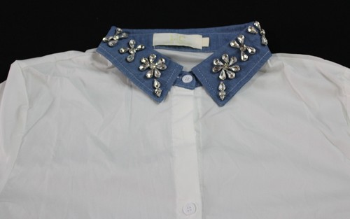 Lizette Collection Women's Denim Jewel Detail Collar Button Top EJ3 ...