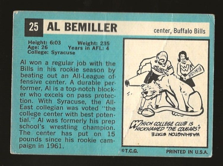 1964 Topps Al Bemiller Autographed Rookie Card RC #25 Buffalo Bills | eBay