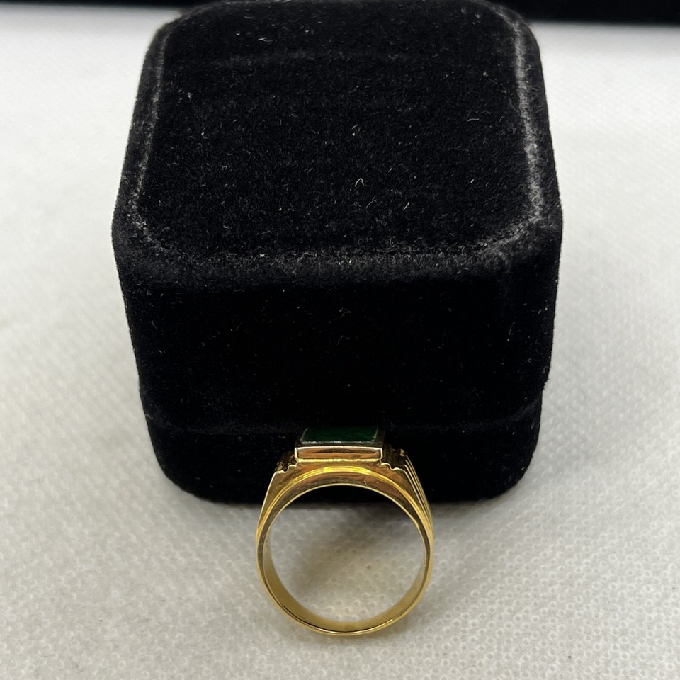 Vintage Elegant 17K Yellow Gold Green Jade Inlay Men’s Pinky Ring 7.6gr ...