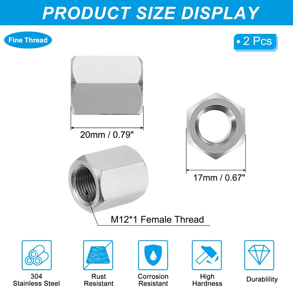 2Pcs M12 x 1-Pitch 20mm Length 304 Stainless Steel Hex Coupling Nut ...