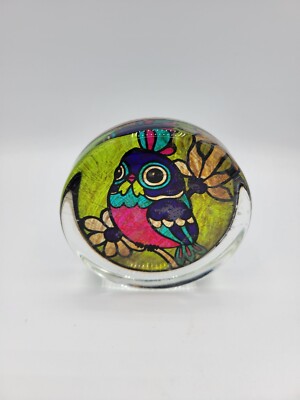 Paperweight Round Flat Clear Glass Foil Backing Colorful Bird Design 11 ...