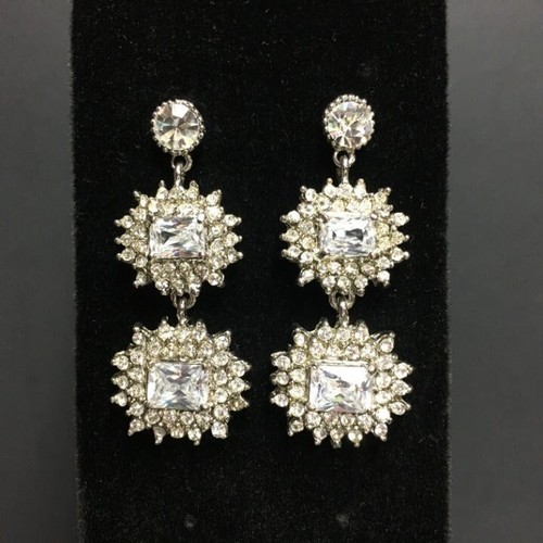 Double Dangle Pierced Earrings Rhinestone Silver Bling Glam Retro ...