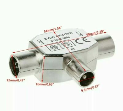 2 WAY COAX TV AERIAL CABLE SPLITTER 1 MALE TO 2 FEMALE ARIEL ADAPTER UK ...