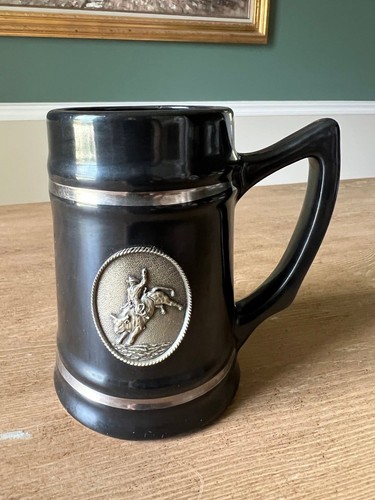 Black Linyi Silver Beer Drinking Mug Cowboy Bronco Buster Bull Riding ...