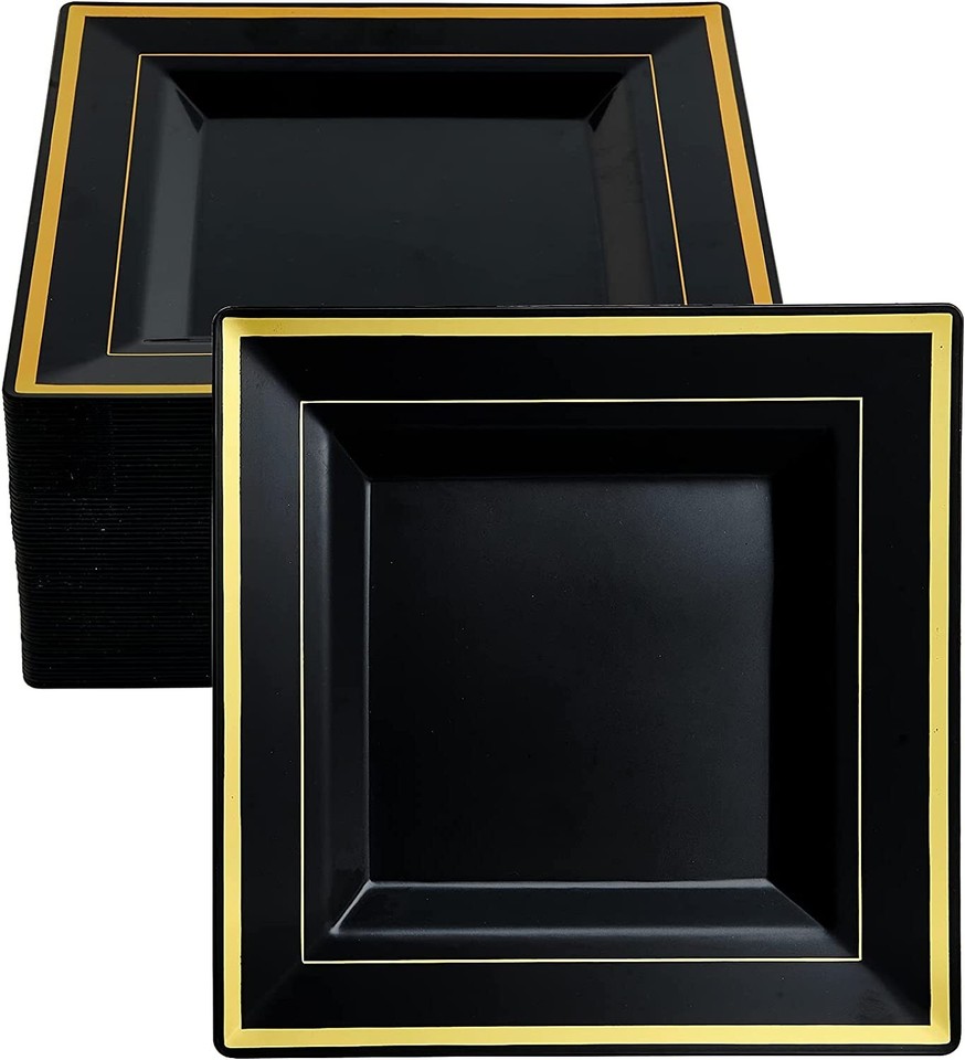 Square Disposable Black Gold Rim Pack of 50 & 25 (9.5 in) 25 (6.5 in ...