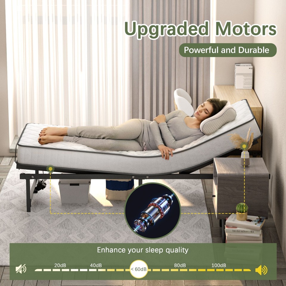 Electric Adjustable Bed Frame Head & Foot Incline Bed Base Wired Remote ...