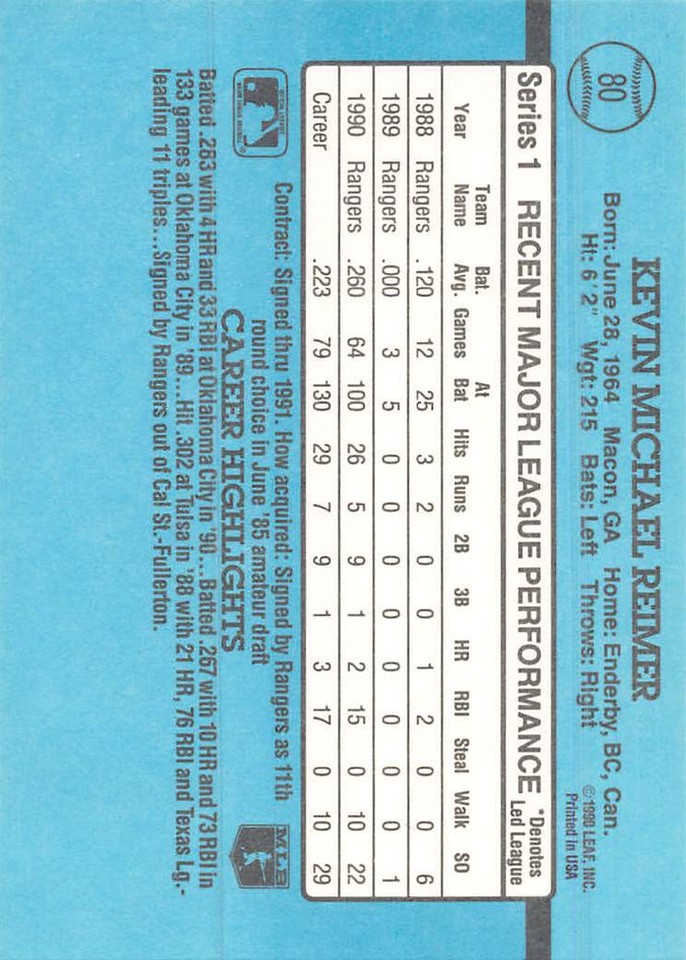 Kevin Reimer 1991 Donruss 80a Texas Rangers BASEBALL Card | eBay