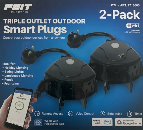 2 PACK! Feit Electric Triple Outlet Outdoor Smart Plugs WiFi, Controls ...
