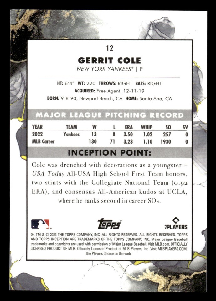 2023 Topps Inception Gerrit Cole Purple /150 #12 | eBay