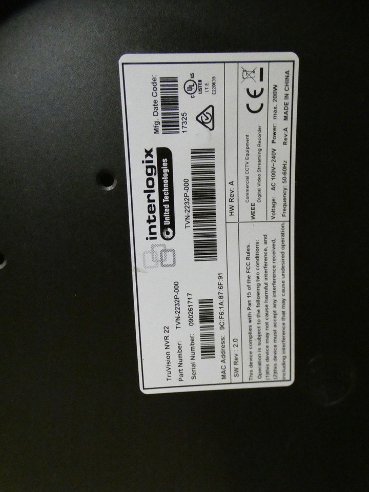 Interlogix TruVision NVR 22 TVN-2232P-000 H.265 Network Video Recorder ...