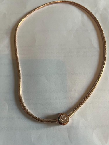 PANDORA ESSENCE rose gold logo round clasp fine snake chain necklace ...