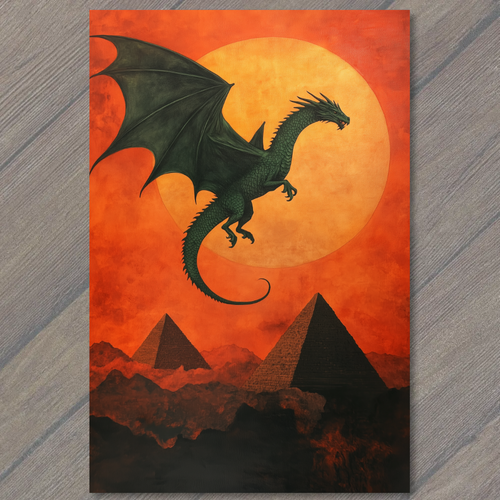 Art Print Green Dragon Flying Over Pyramids Red Sky Giant Sun Fiery ...