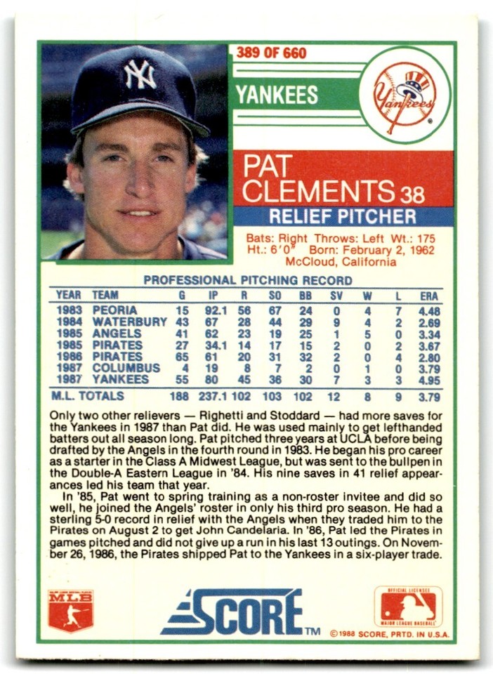 1988 Score Pat Clements New York Yankees #389 | eBay