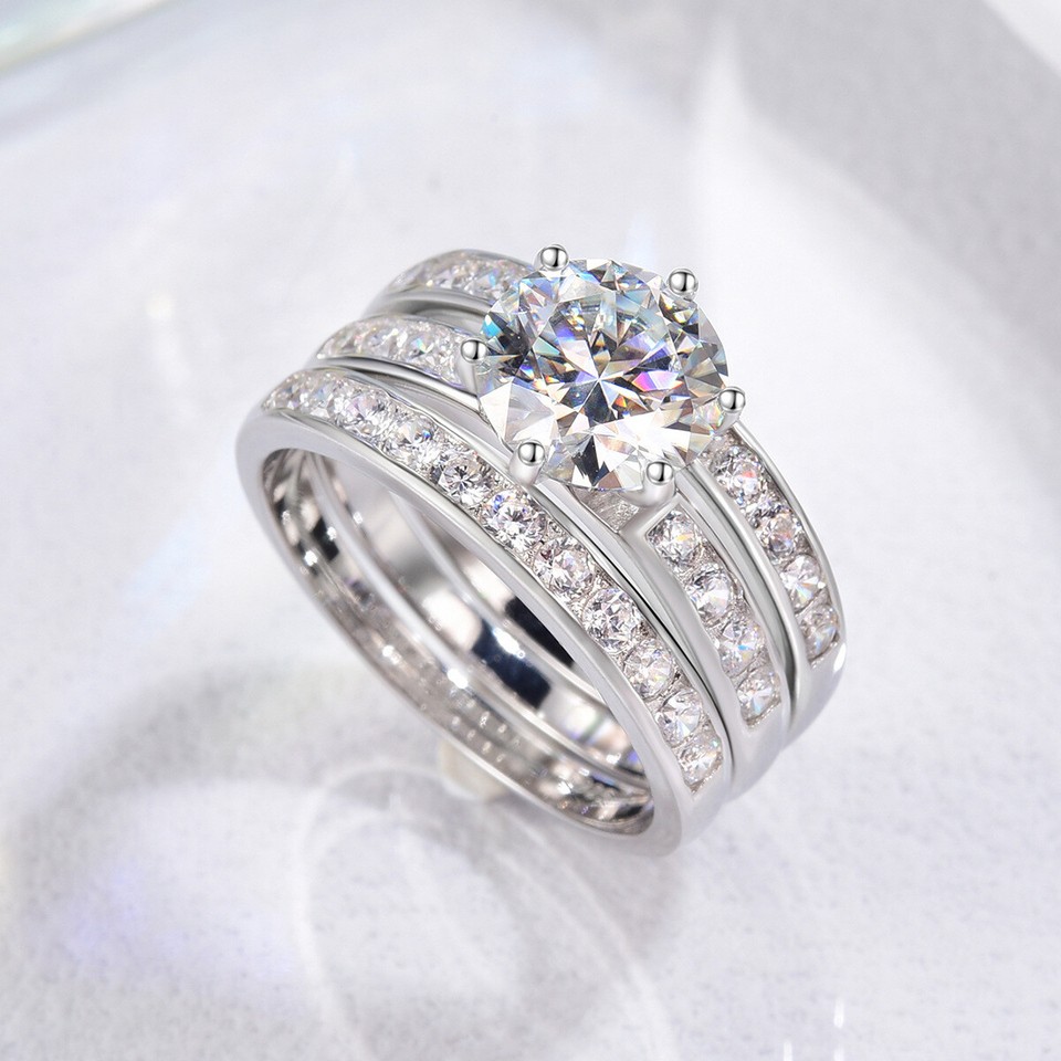 2.0 Carat Moissanite Bridal Ring Set Solid 925 Sterling Silver 3 in 1 ...