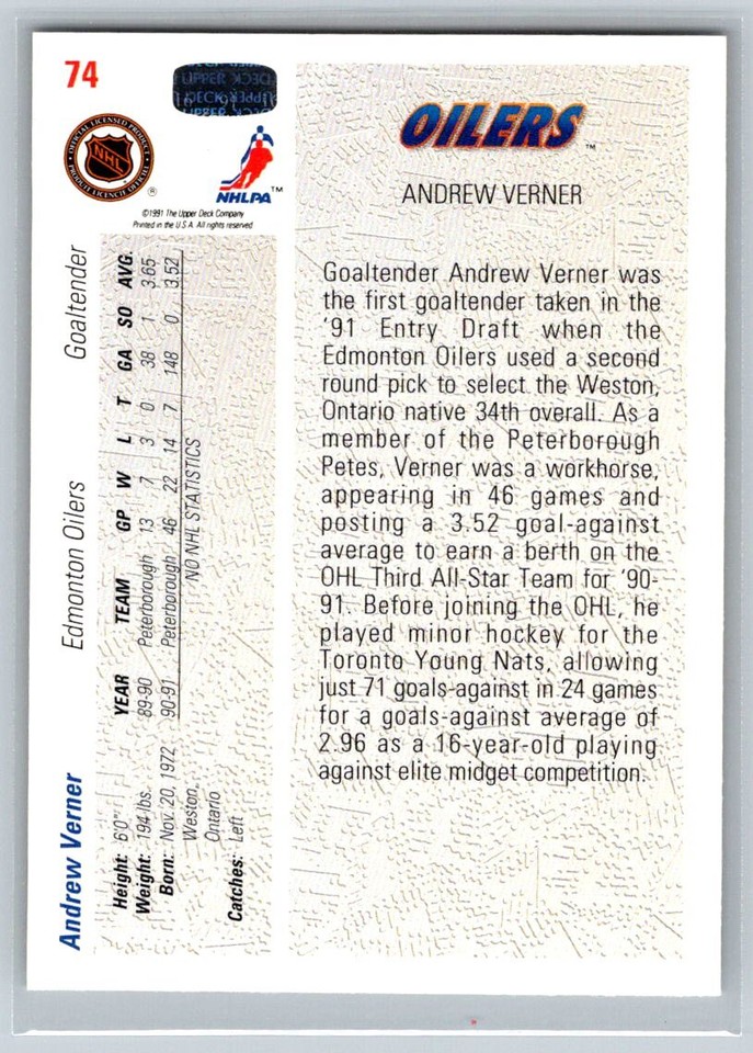 1991-92 Upper Deck #74 Andrew Verner Edmonton Oilers Rookie Hockey Card ...