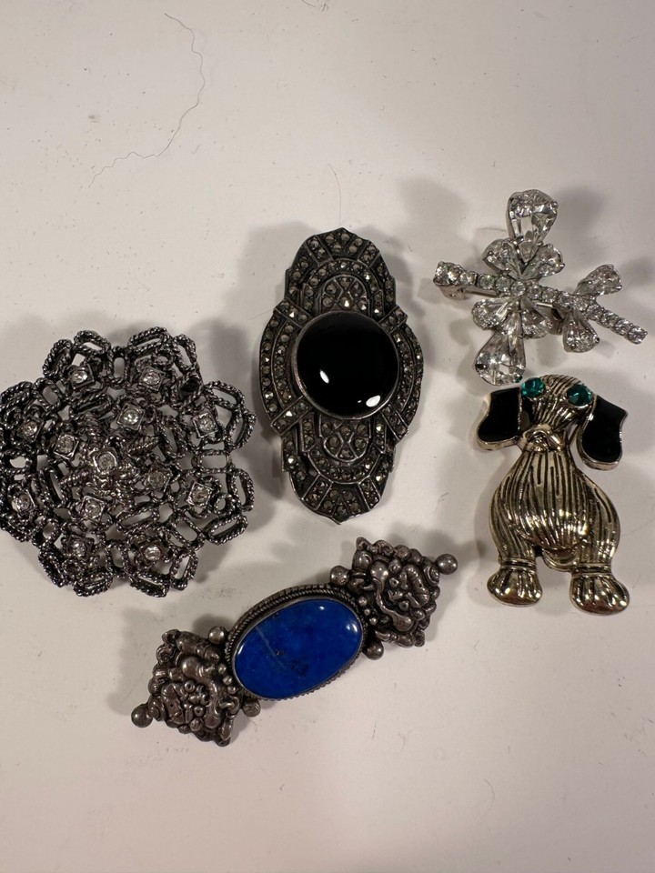 LOT VTG 5 Sterling Brooches Pins Onyx, Enamel, Lapis, Rhinestones ...
