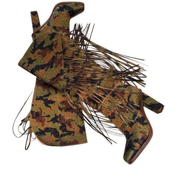 NEW Jessica Simpson womens Asire Fringe Boot Studded Forest Camouflage ...