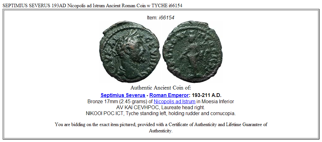 SEPTIMIUS SEVERUS 193AD Nicopolis ad Istrum Ancient Roman Coin w TYCHE ...