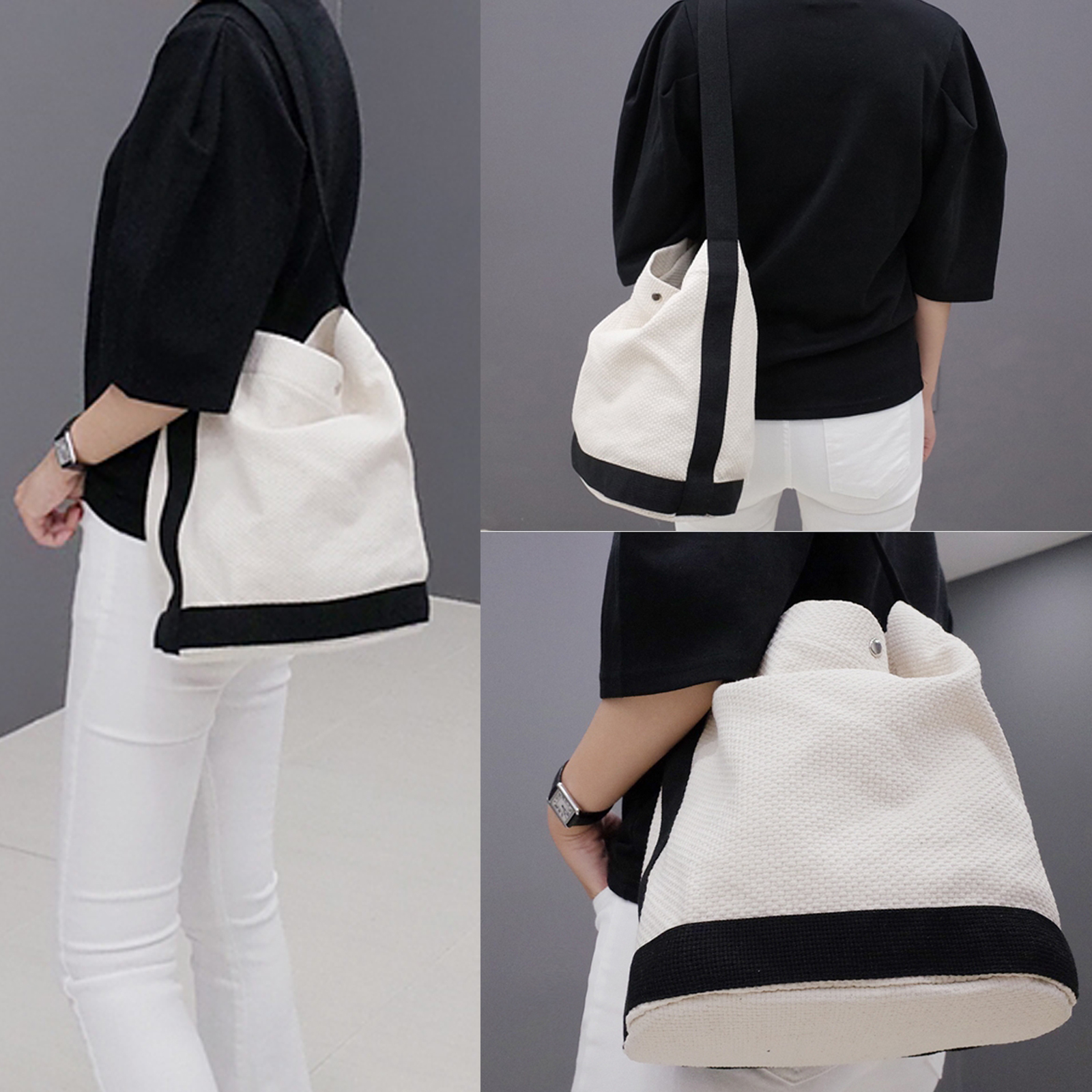 Korea Fashion Women ETRU Basket Shoulder Bag Cotton Ivory Travel Picnic ...