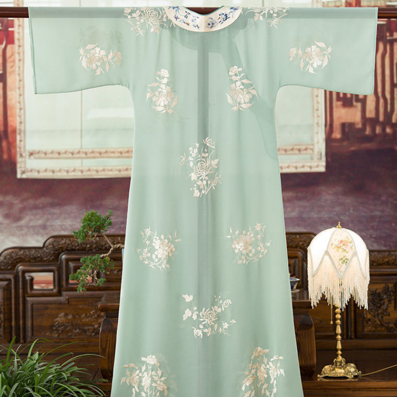 Lady Chinese Chiffon Sheer Cheongsam Embroidery Floral Long Dress ...