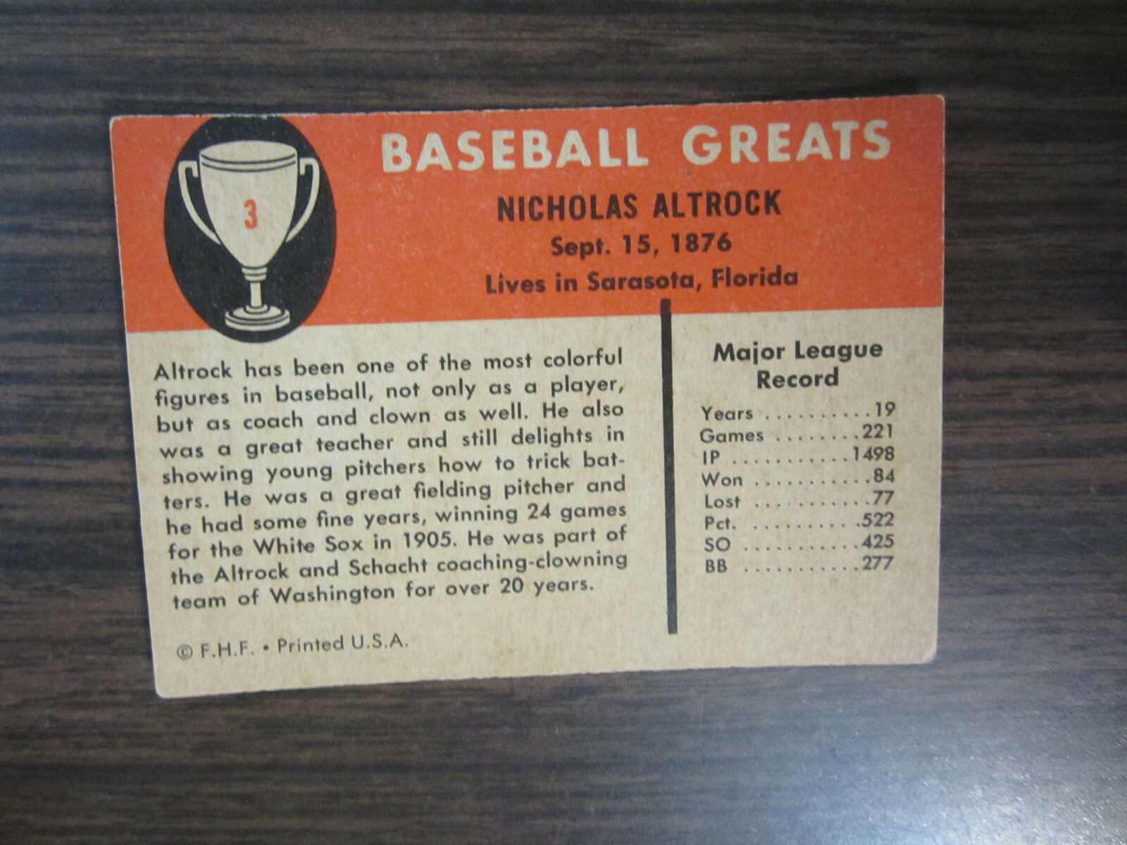 1961 Fleer # 3 Nick Altrock Card (B50) Washington Senators Chicago ...