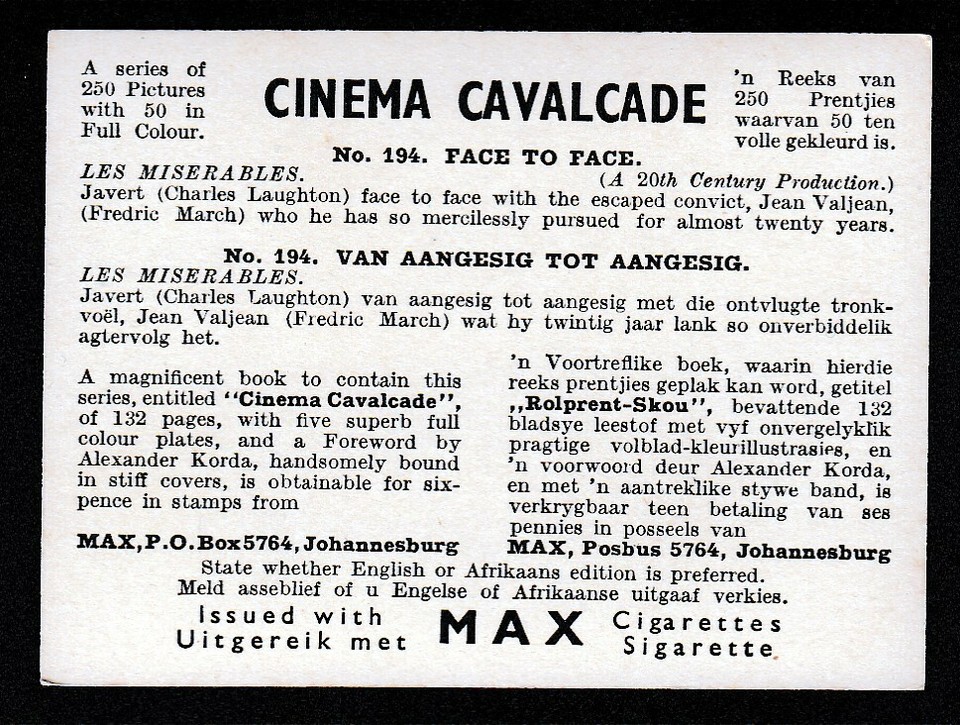 1940 Movie Card of FREDRIC MARCH & CHARLES LAUGHTON in LES MISERABLES ...