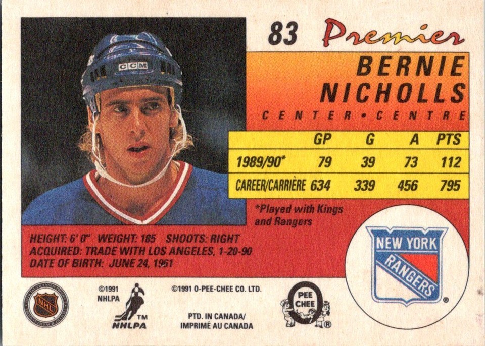 1990-91 O-Pee-Chee Premier Bernie Nicholls Card #83 | eBay
