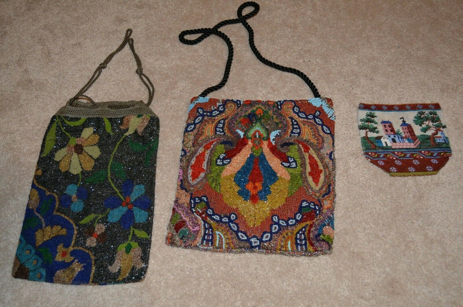 Floral Micro Beaded Antique Vintage Reticule Bags Three Scen Handbag ...