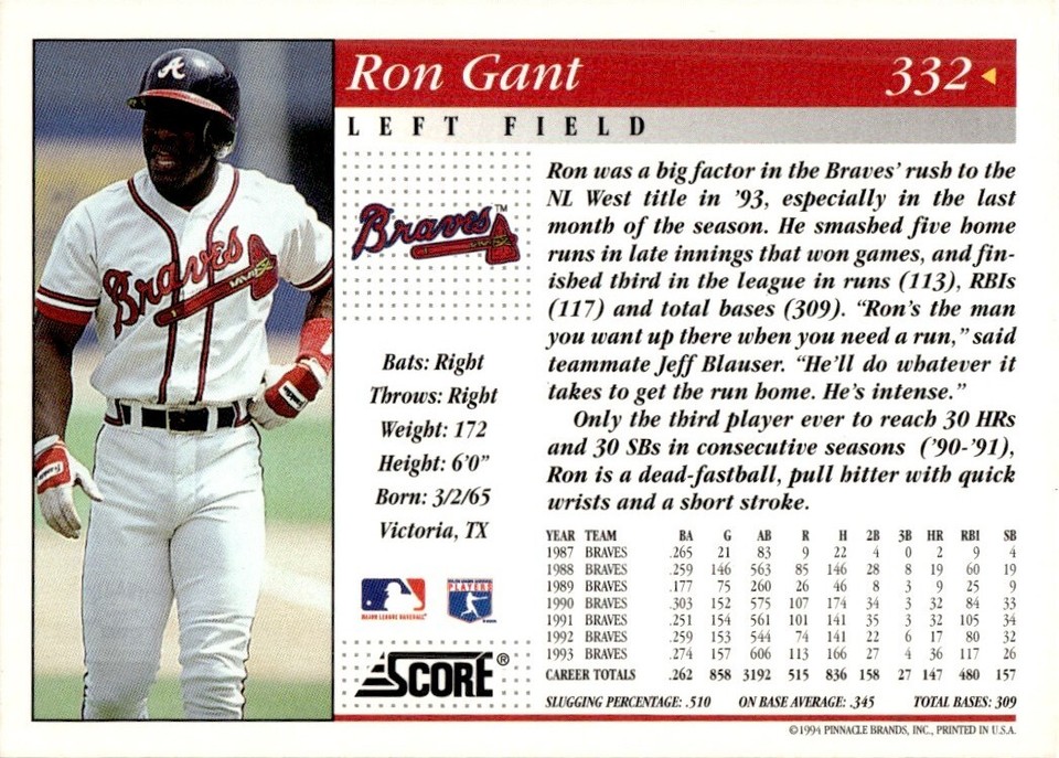 1994 Score Baseball Card Ron Gant Atlanta Braves #332 | eBay