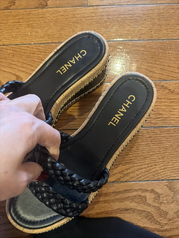 Chanel Sandals Shoes Ripped Missing Cc Logo Black Sz 40 Wedge ...