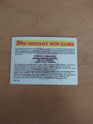 1991 Topps Baseball Instant Win Game Card Item #: 0237 | eBay