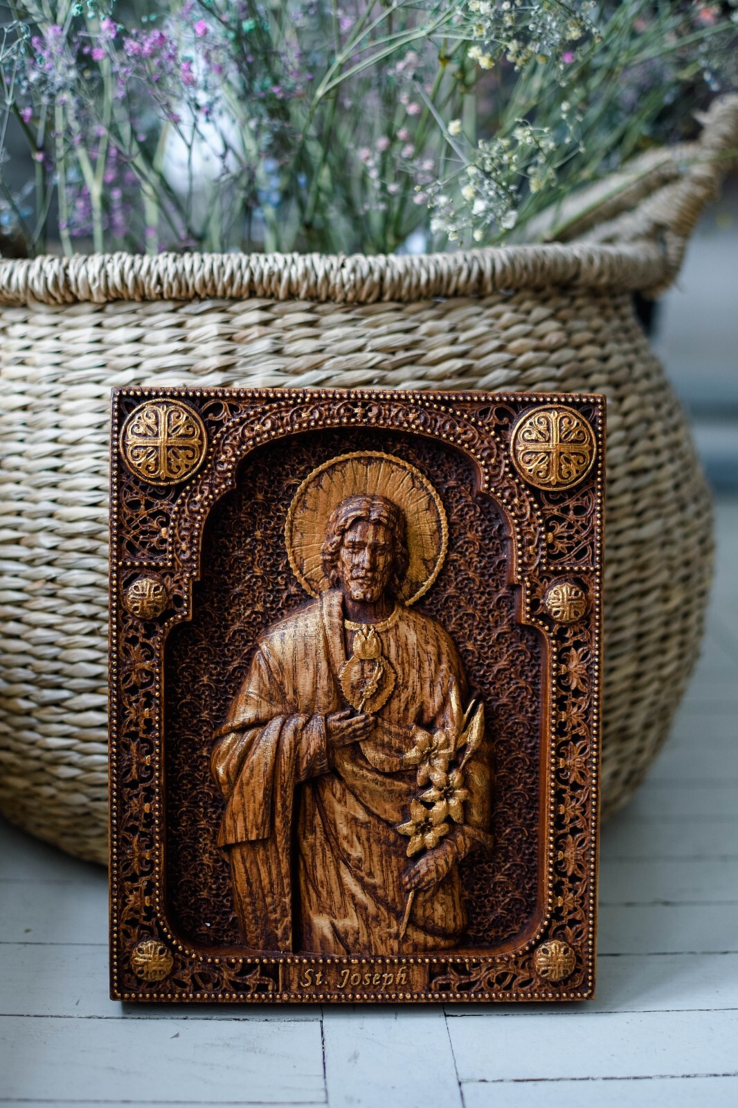 Saint Joseph WOOD CARVED CHRISTIAN ICON RELIGIOUS WALL HANGING ART WORK ...