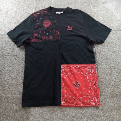 Puma Shirt Mens Medium Black Red Patchwork Bandana Tee Embroidered Logo ...