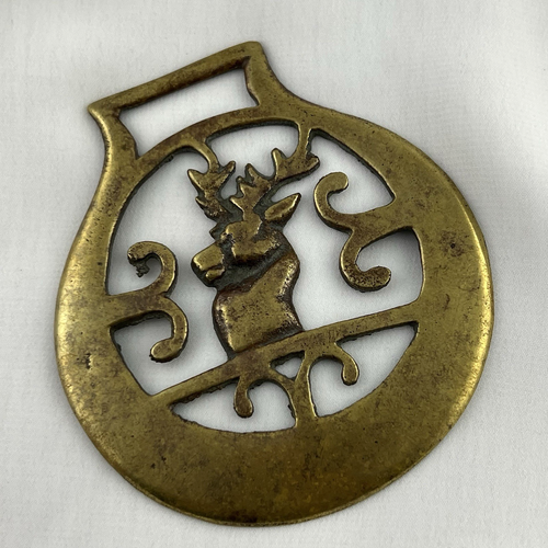 Brass Horse Medallion Antique English Stag Deer Buck Hunt Ornate Parade ...