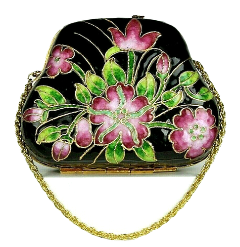 Cloisonné Enameled Brass Hard Shell Evening Purse Handpainted Floral W ...
