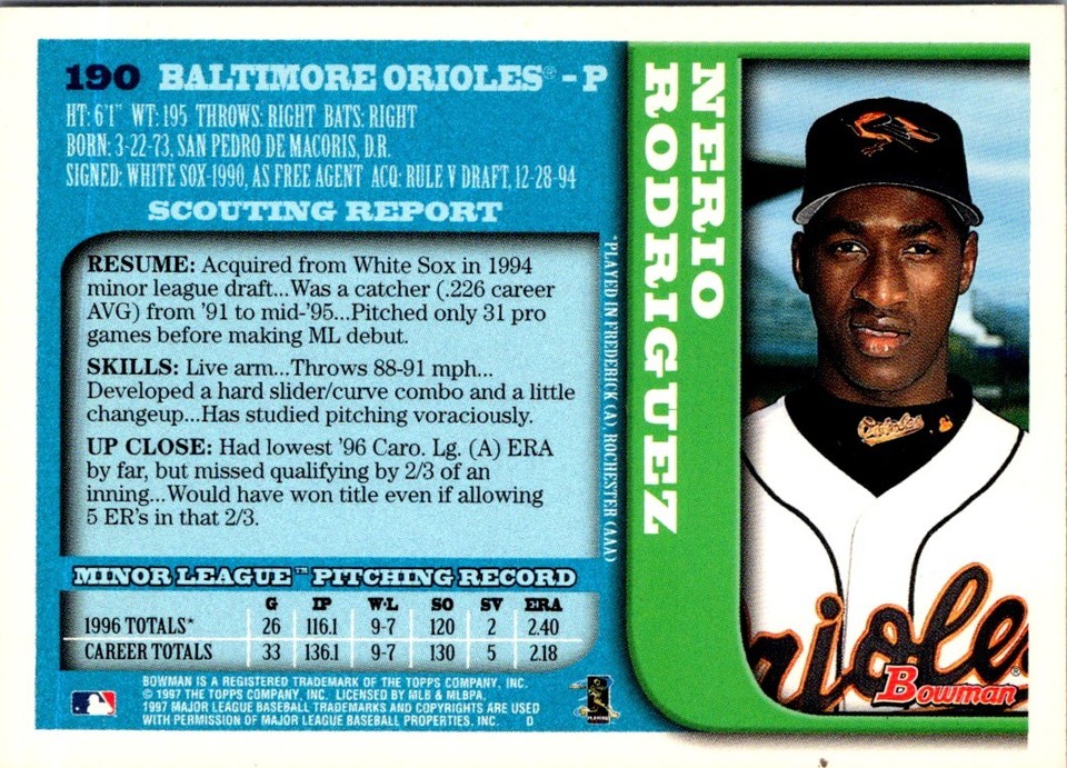 1997 Bowman Nerio Rodriguez #190 Baltimore Orioles Baseball Card | eBay