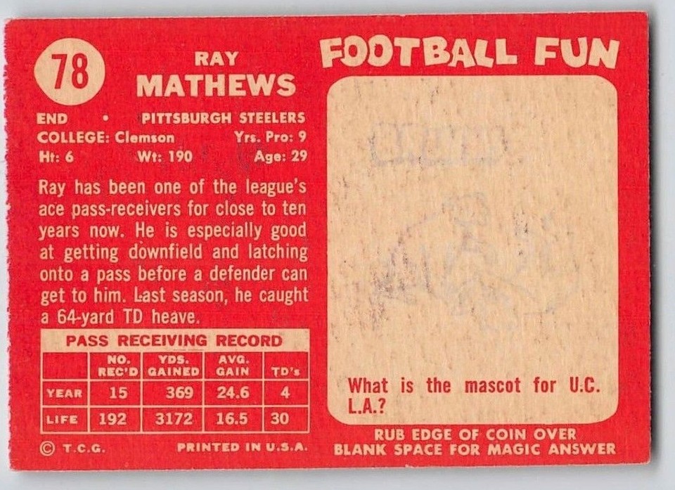 1958 RAY MATHEWS - Topps Football Card - # 78 - PITTSBURGH STEELERS | eBay