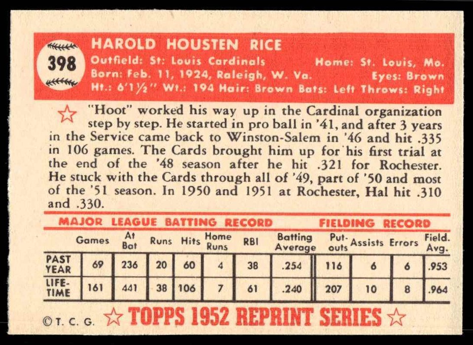 1983 Topps 1952 Reprint Series Hal Rice St. Louis Cardinals #398 | eBay