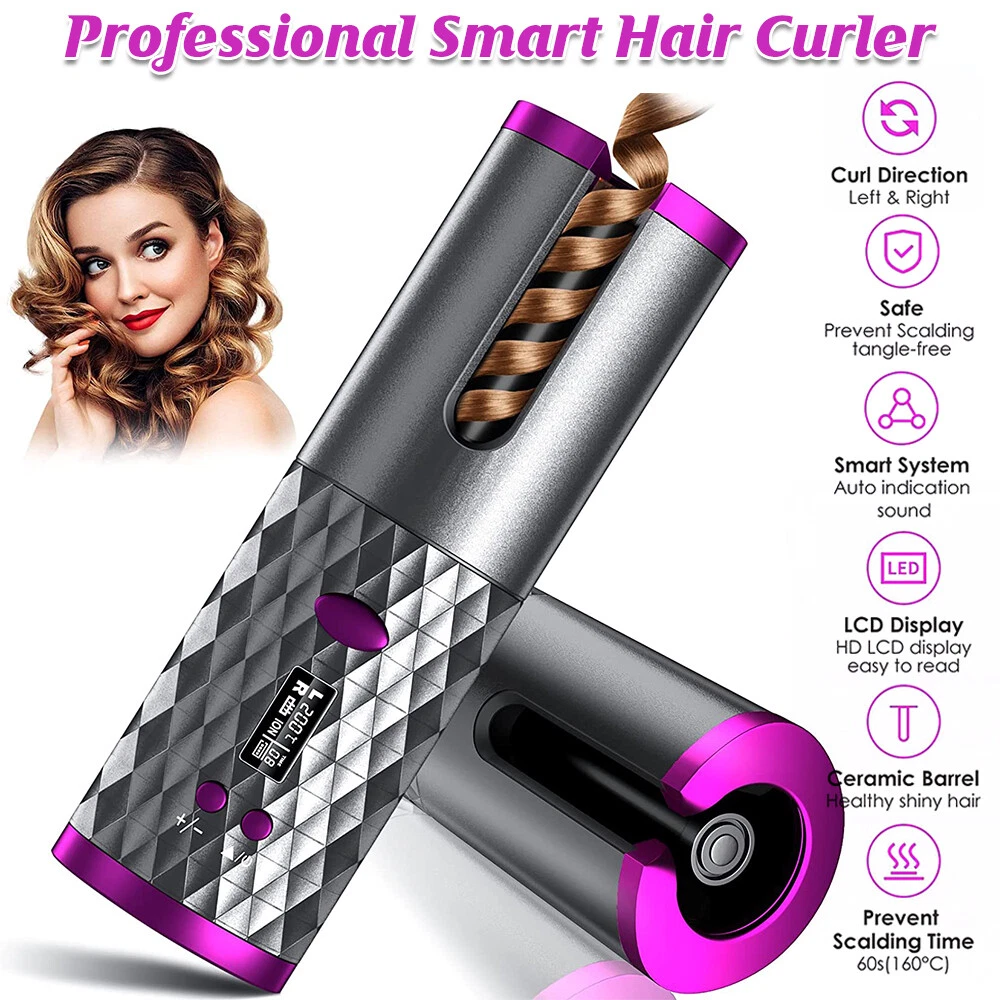 Hair Curler LCD Cordless Auto Rotating Waver Curling Iron Ceramic ...