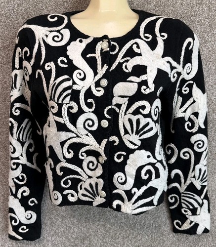 Michael Simon Womens Ocean Seahorse Starfish Knit Cardigan Sweater Size ...