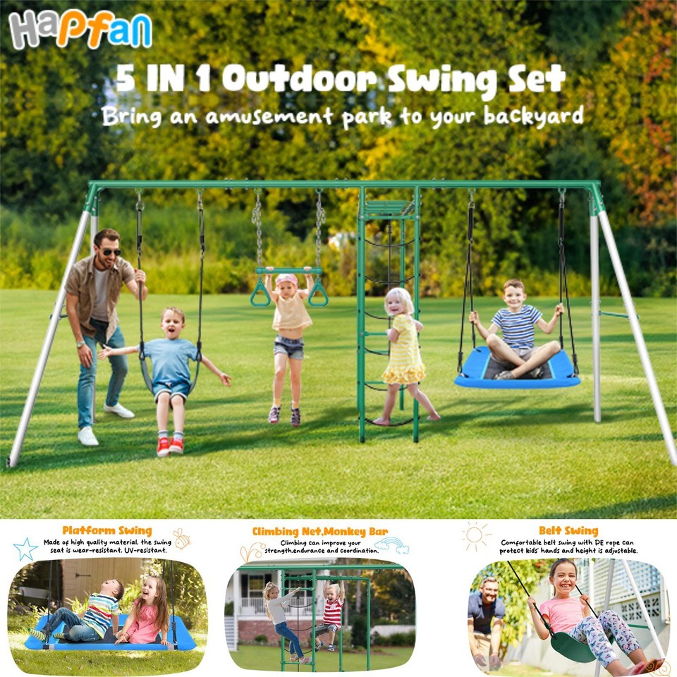 Hapfan Swing Sets for Backyard w/ Monkey Bars, 2 Swings,Climbing Net ...